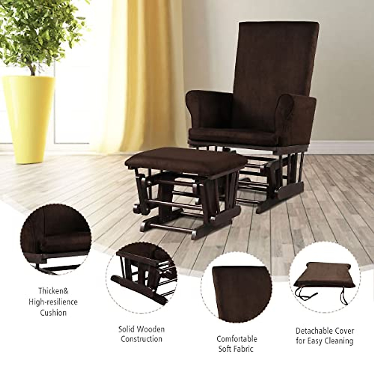 Costzon Baby Glider and Ottoman Cushion Set, Wood Baby Rocker Nursery Furniture for Napping, Nursing, Reading, Upholstered Hoop Glider & Ottoman Comfort Nursery Chair w/Padded Armrests (Brown)