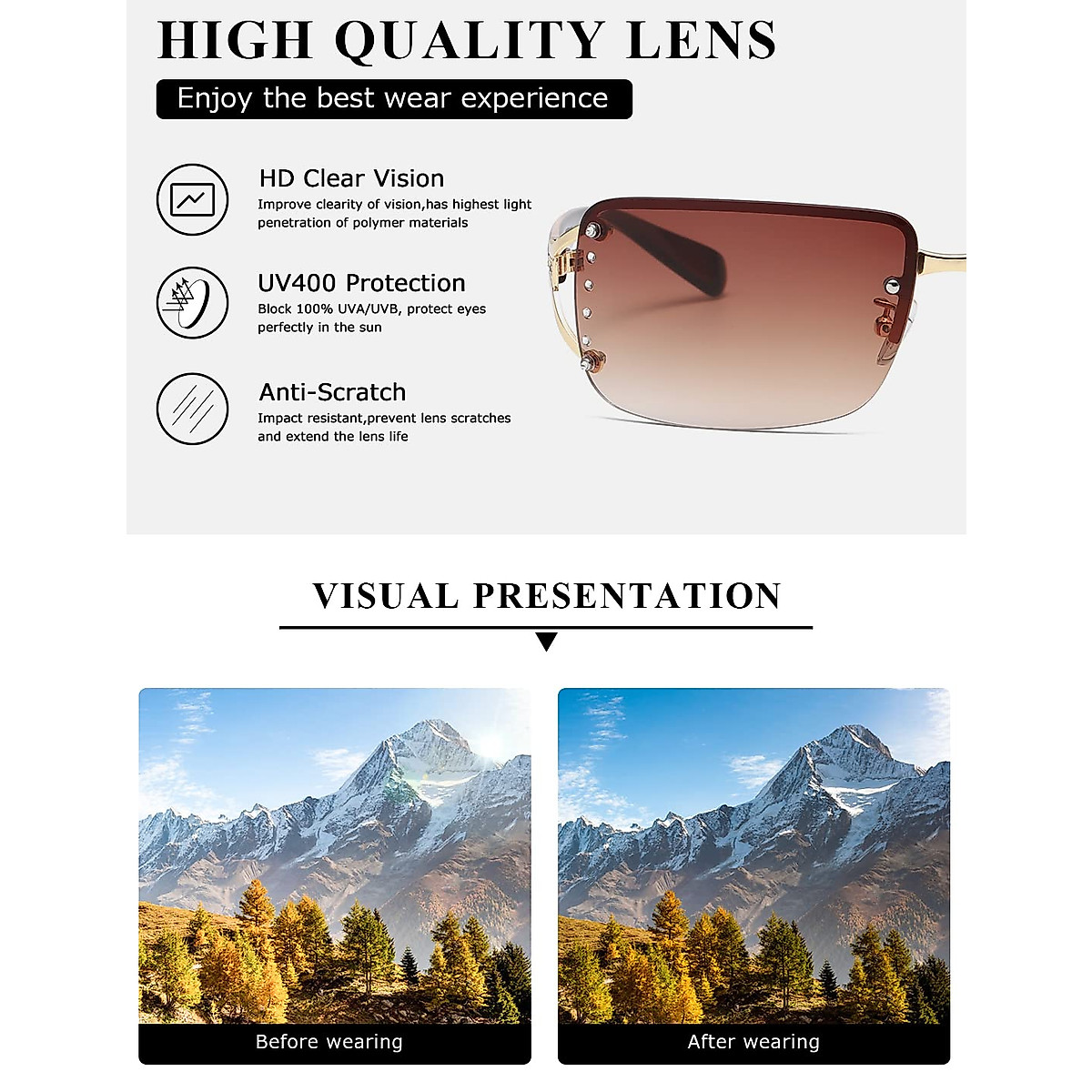 kimorn Rectangle Sunglasses for Women Men Stylish Rimless Frameless Trendy Retro Sun Glasses 90’s Vintage Square Frame K1314 (Gold Frame Gradient Brown & Grey Lens)