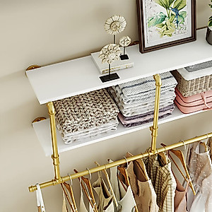 MAIKAILUN Wall Mounted Clothes Rack Gold with Shelf, 52" Long Industrial Pipe Clothing Rack with 2 Tier Shelves Heavy Duty Iron Garment Rack Bar,Retail Display Clothes Rod for Clothes,Laundry Room