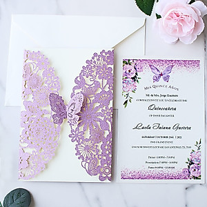 Hosmsua 5.1x7.3'' 50PCS Purple Glitter Quinceanera Invitation Kit Laser Cut Flora Butterfly Invitation Cards Pocket with Envelopes for Bridal Shower Sweet 16 Wedding Invitation (Purple Glitter)