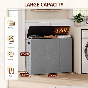 Relefree laundry hamper 3 section,180L large laundry basket for laundry sorting,Clothes Hamper with 3 Removable Bags,laundry hamper with lid, ideal for Bedroom,Bathroom,Dorm,Laundry Room,Grey