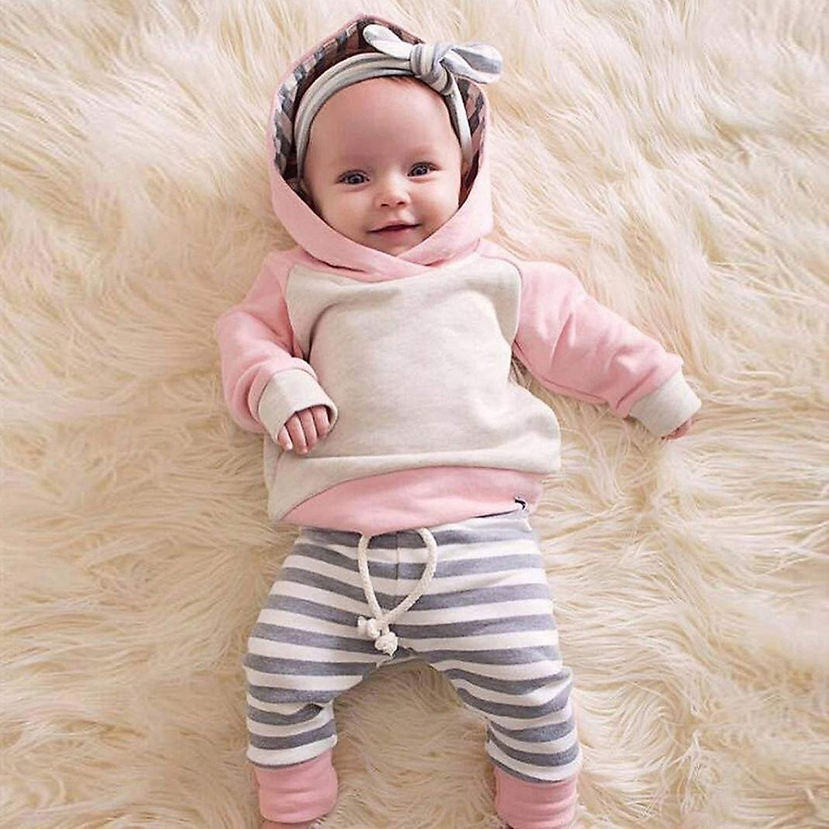 Ritatte Baby Girl Clothes Long Sleeve Hoodie Tops Striped Pants Sweatsuit Set Infant Girl Jogging Suits Fall Winter Outfit (Pink,Size 3-6 Months(70))