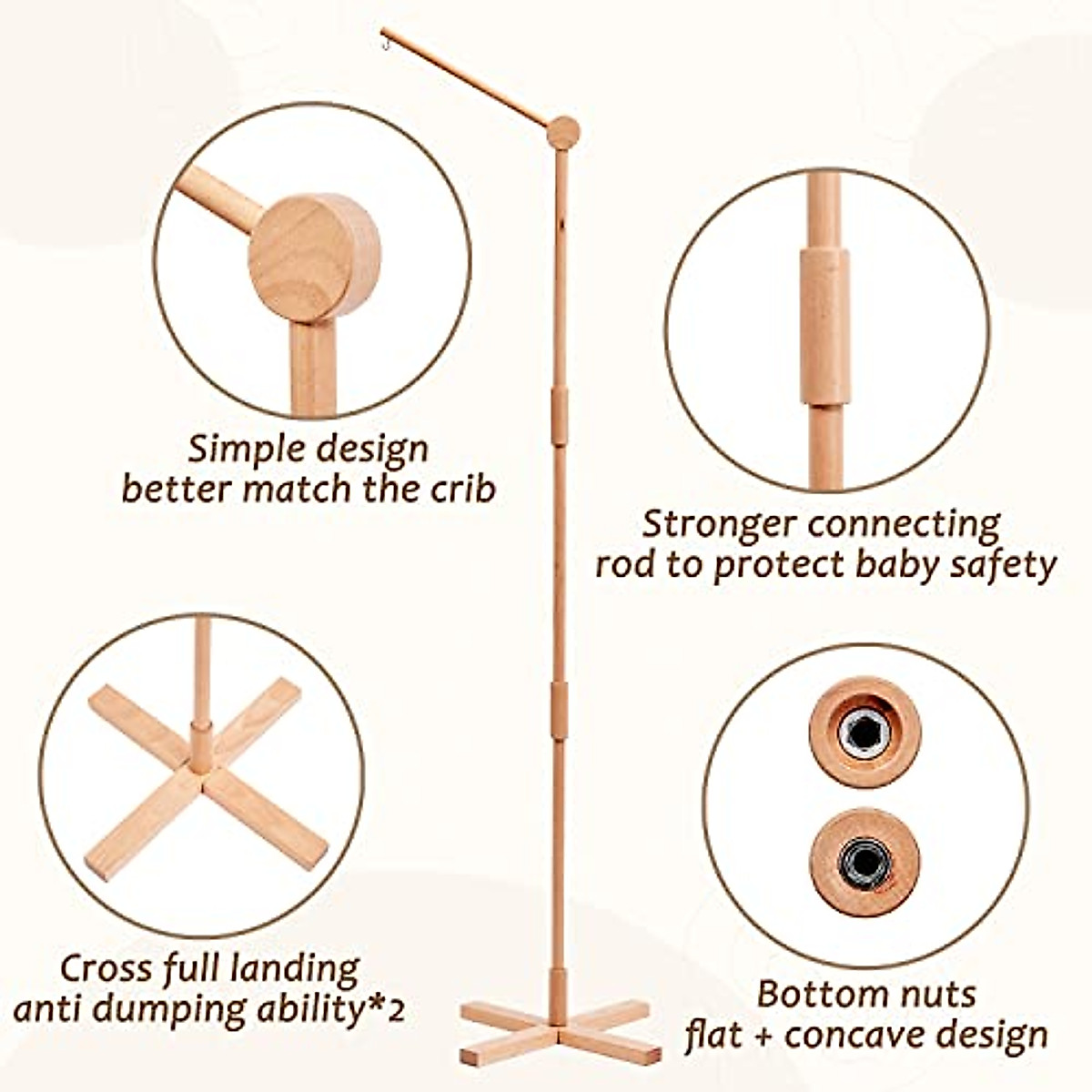 Lanttoe Wooden Floor-Standing Crib Mobile Arm 61 Inches for Baby Nursery-Movable Baby Mobile Hanger with Strong Anti-Dumping Attachment-100% Natural Beech Wood-Thicker Wooden Pole-Nursery Decor