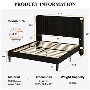 SHA CERLIN Queen Size Velvet Bed Frame with Vertical Channel Tufted Wingback Headboard, Upholstered Platform Bed with Wood Slats, No Box Spring Needed, Easy Assembly, Black