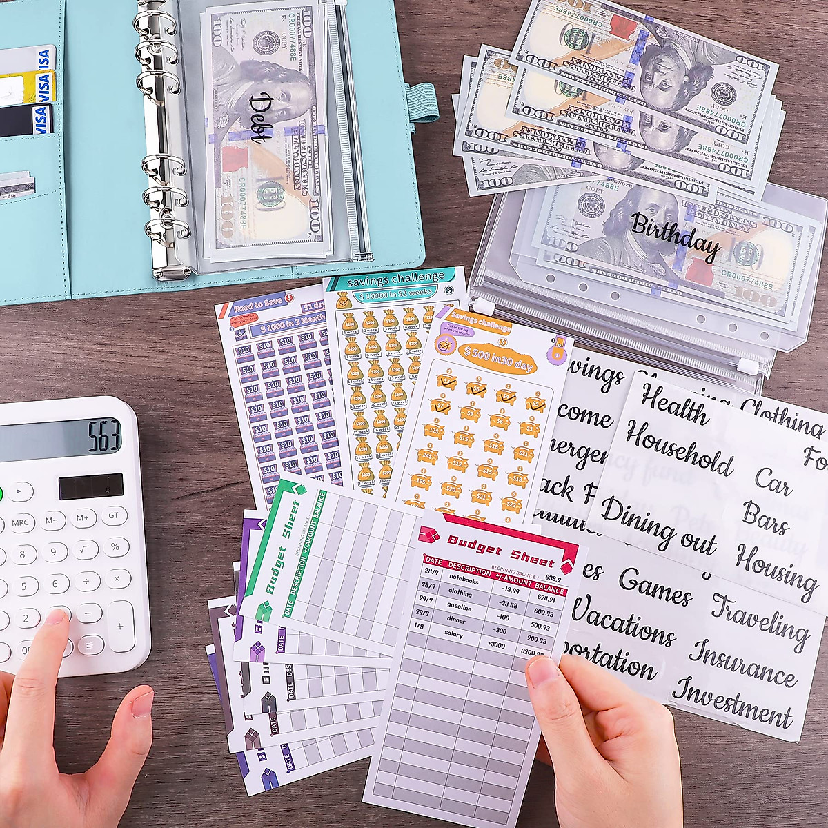 Antner Budget Binder with Zipper Cash Envelopes and Expense Sheets for Money Saving Binder, Savings Challenges to Save $500, 1,000, 10,000, A6 Budget Planner Book Money Organizer for Cash, Mint Blue