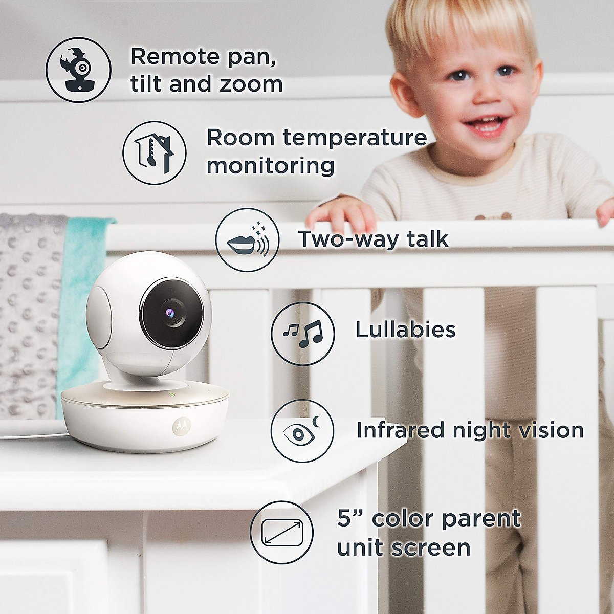 Motorola Video Baby Monitor - Wide Angle HD Camera with Infrared Night Vision and Remote Pan, Tilt, Zoom - 5-Inch LCD Color Display with Split Screen View, Room Temperature and Sound Alert MBP50-G