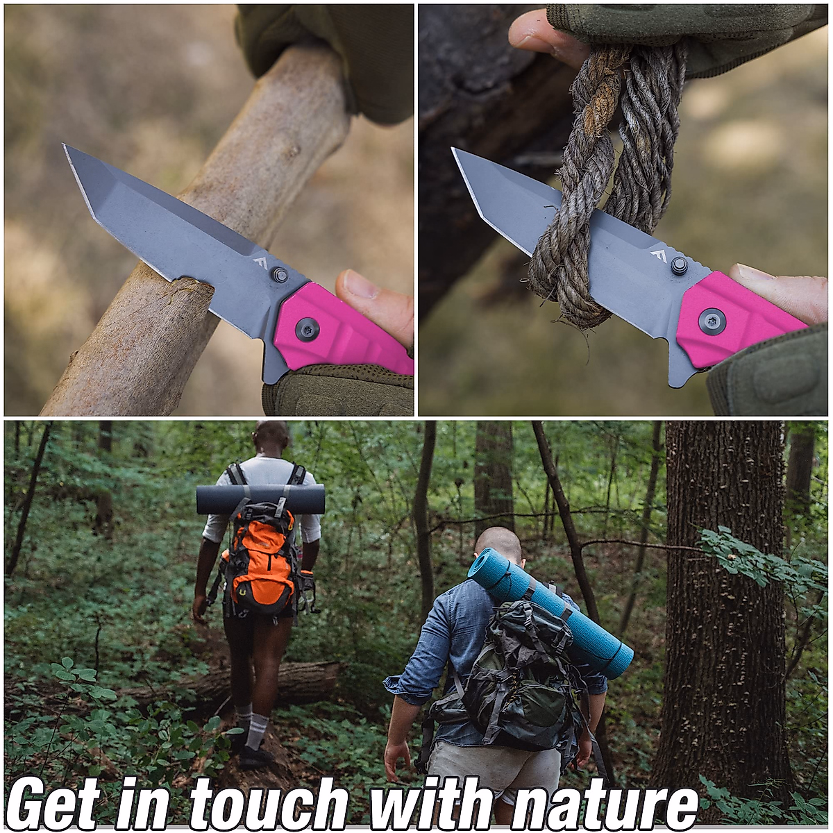 FLISSA Folding Pocket Knife, Tactical Knife with Liner Lock, Tanto Blade, Pocket Clip, Glass Breaker, Seatbelt Cutter, Perfect for Hunting, Camping, Survival (Pink)