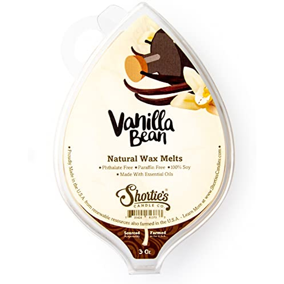 Shortie's Candle Company Vanilla Bean Natural Soy Wax Melts - 1 Highly Scented 3 Oz. Bar - Made with 100% Soy and Essential Fragrance Oils - Phthalate & Paraffin Free, Vegan, Non-Toxic