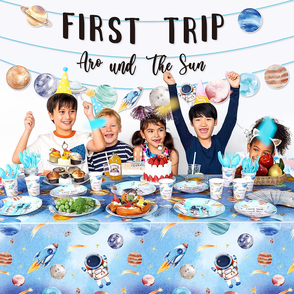 Pasimy 175 Pcs First Trip Around the Sun Birthday Party Supplies Outer Space 1st Birthday Decorations Plates Banner Napkins Tablecloth Solar System Galaxy Tableware Set Baby Shower Decor for 24 Guests