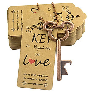 Aokbean 52pcs Vintage Skeleton Key Bottle Opener Party Favor Wedding Favor Guest Souvenir Gift Set with Escort Thank You Tag Card and Keychain (Antique Copper)