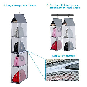 KEEPJOY Detachable Hanging Handbag Purse Organizer for Closet, Purse Bag Storage Holder for Wardrobe Closet with 4 Shelves Space Saving Purse Organizers System (Pack of 2 Grey)