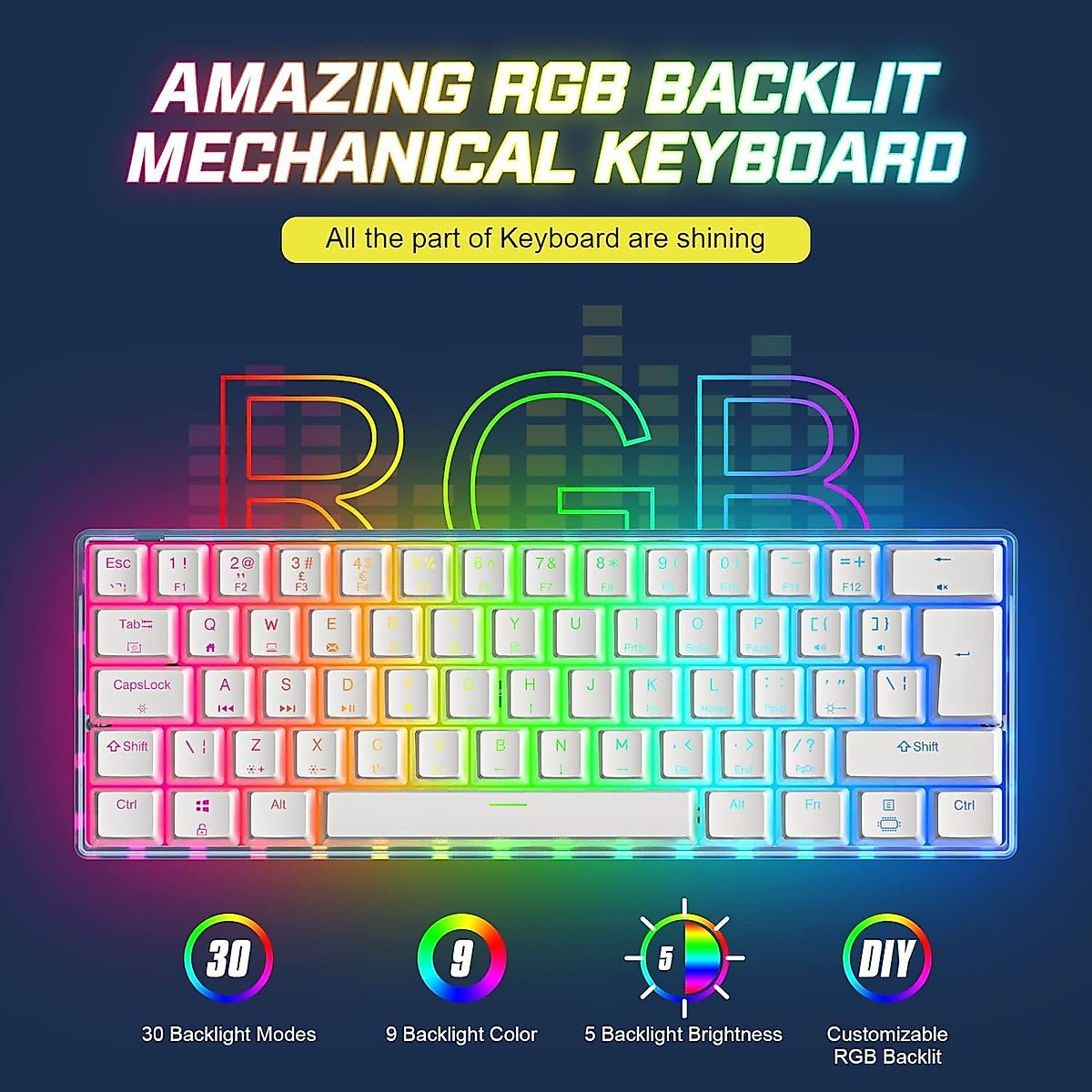 MAGIC-REFINER MK21 60% Mechanical Keyboard,Hot Swappable Outemu Red Switch,19 RGB Backlit Wired Compact Gaming Keyboard with Pudding Keycaps,Driver/Software Supports for PC Xbox one PS4 PS5