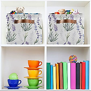 Lavender Flowers Storage Basket Fabric Storage Bin Laundry Baskets, Leaves Green Purple Foldable Storage Boxes Organizer Bag for Baby Cloth Dog Toy Book Storage Cubes Shelf Closet Basket 16×12×8