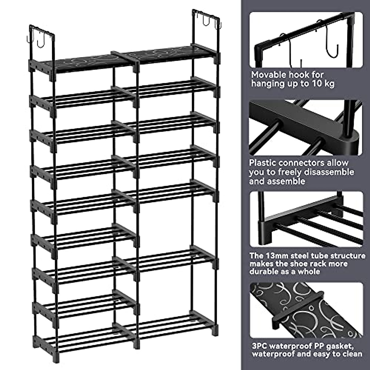 UMBFUN 9 Tiers Shoes Rack Organizer for Entryway Hold 32-40 Pairs Shoes and Boots Black Metal Garage Shoes Storage Tall Stackable Free Standing Big Shoe Rack for Closet with 4 Hooks(2x9)