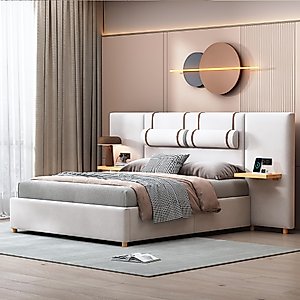 Merax Queen Size Upholstered Platform Bed, Modern Bedframe with Two Outlets and USB Charging Ports on Both Sides, Two Bedside Pillows, Storage Shelves, Beige