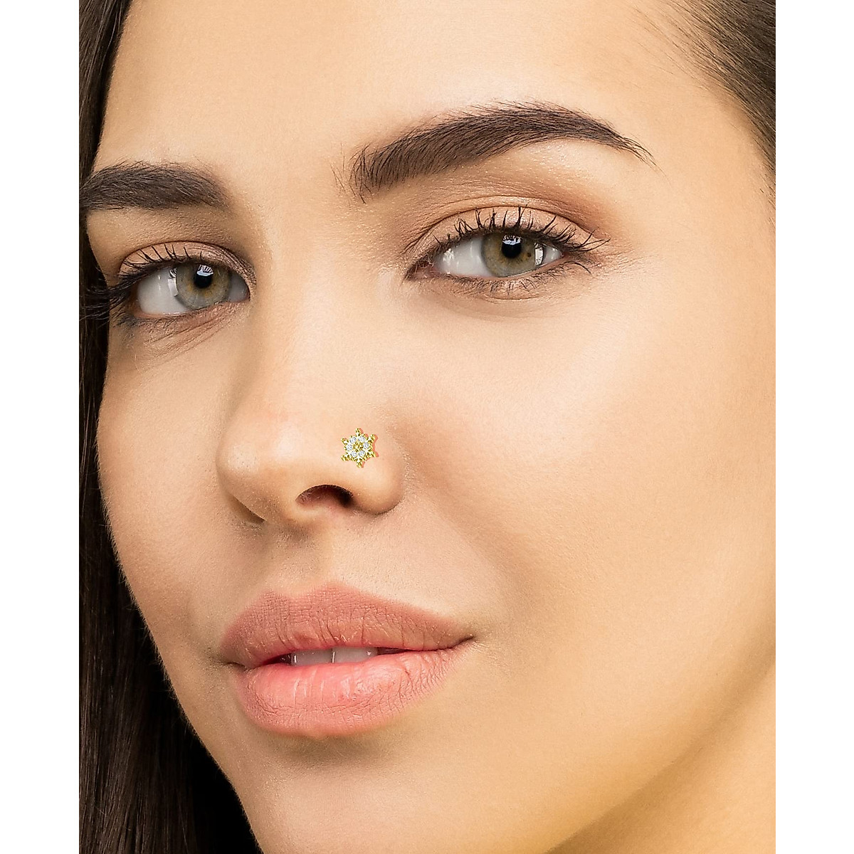 Fxiqini 12Pcs Nose Stud Rings L Shaped Cubic Zirconia Stainless Steel Nose Studs Moon Butterfly Snake Flower Red Heart Star Dangle Nose Piercing Jewelry Nose Stud for Women Men 20G Silver Gold Tone