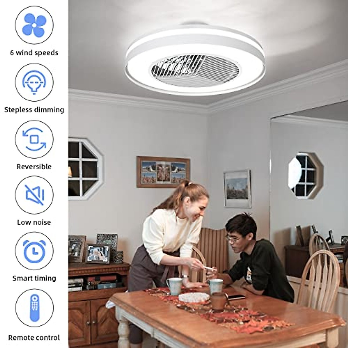 Ceiling Fan with Lights Remote Control,Dimmable Fan Lighting, 20'' Enclosed Bladeless Fan, Semi Flush Mount,2.4GHz Wi-Fi Bluetooth & App Controlled Works with Alexa and Google Assistant (Matte White)