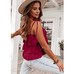 KIRUNDO Women's 2025 Summer Spaghetti Strap Cami Tank Tops Tiered Ruffle Tie Shoulder Flowy Sleeveless Shirts Camisole(Jujube Red, Medium)