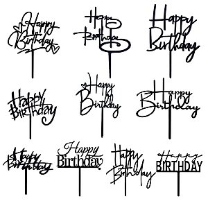 10 PCS Black Happy Birthday Cake Topper Acrylic Cupcake Topper A Series of Birthday Cake Supplies Decorations