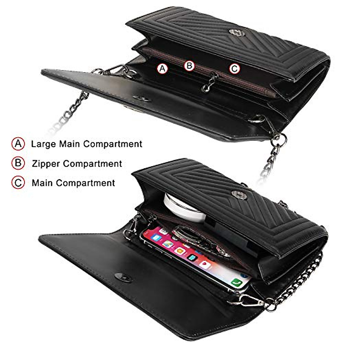 Leather Crossbody Bag for Women Purse Small Handbags Black Crossbody Purse Chain Shoulder Strap Bag Flap Bag Quilted Mini Cross Body Cell Phone Wallet Girls Ladies Clutch Bag