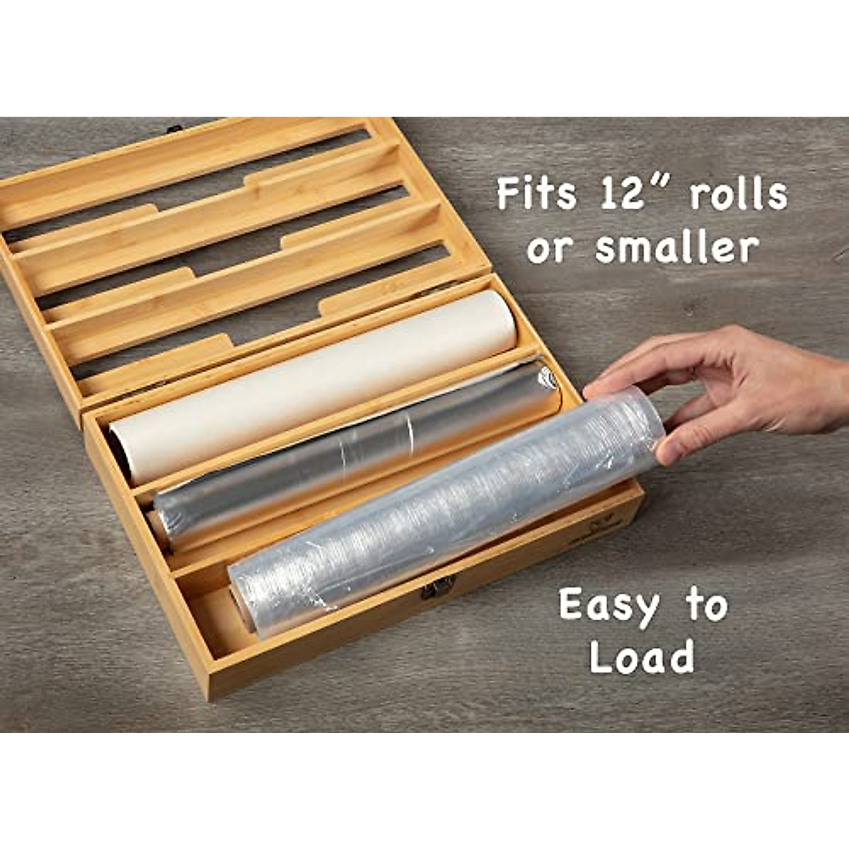 The Happy Hootie Foil and Plastic Wrap Dispenser for Kitchen Organization and Storage. Great for Kitchen Organization and Storage. Compatible with 12 inch Rolls.