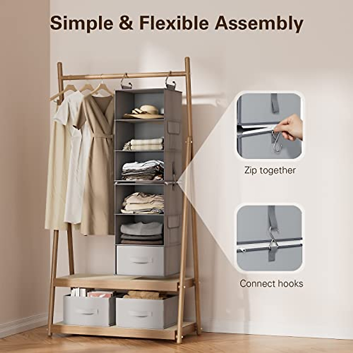 Pipishell Hanging Closet Organizer 6-Shelf, Hanging Shelves for Closet with 3 Removable Drawers & Side Pockets, Hanging Shelf Organizer for Bedroom or Garment Rack