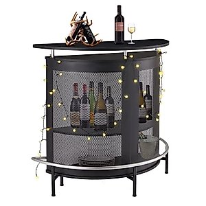 JOMEED Bar Table with Storage, High Top Table with Metal Mesh Front, Goblet Holders and Footrest, Semi Cylindrical Shape Black Liquor Bar for Home