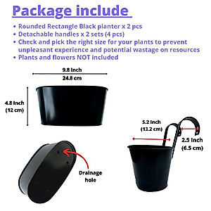 LaLaGreen Railings Outdoor - 2 Pack, 9.8 Inch Black Hanging Flower Pots, Fence Railings Bucket Countryside Modern Plant Holder with Detachable Hook Outdoor Wall Balcony Garden Patio Deck Porch Décor