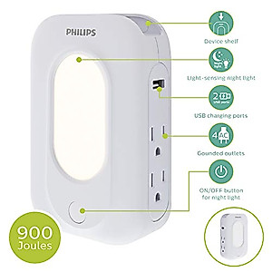 Philips Accessories 4-Outlet Extender 2-USB Surge Protector, Wall Adapter with Light-Sensing Night Light, Side Access, 3-Prong, Charging Station, SPP6241WC/37, White, 1 Pack