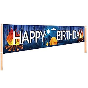 Large Camping Happy Birthday Banner | Camping Birthday Party Supplies Decorations | Birthday Camping Party Decorations for Yard Garden Outdoor - 9.8 x 1.6FT
