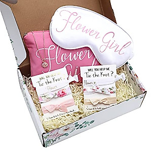 10 Pcs Flower Girl Proposal Gift Set, Flower Girl Box Flower Girl Necklace Sleeping Mask Makeup Pouch and 6 Pcs Flower Hair Ties Will You Be My Flower Girl Proposal Box for Bride Showers