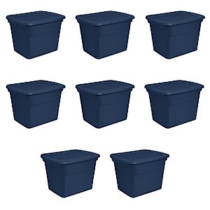 Sterilite 18 Gal Storage Tote, Stackable Bin with Lid, Plastic Container to Organize Clothes in Closet, Basement, Blue Base and Lid, 8-Pack