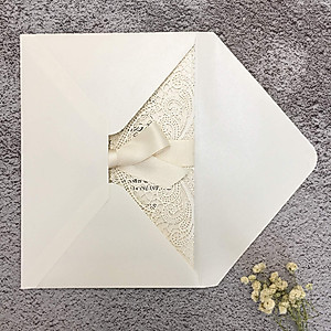 Picky Bride 25pcs 5x7 Wedding Invitations with Envelopes, Laser Cut Lace Hollow with Elegant Ribbons, for Wedding Bridal Shower Engagement Birthday Party Invite, Ivory