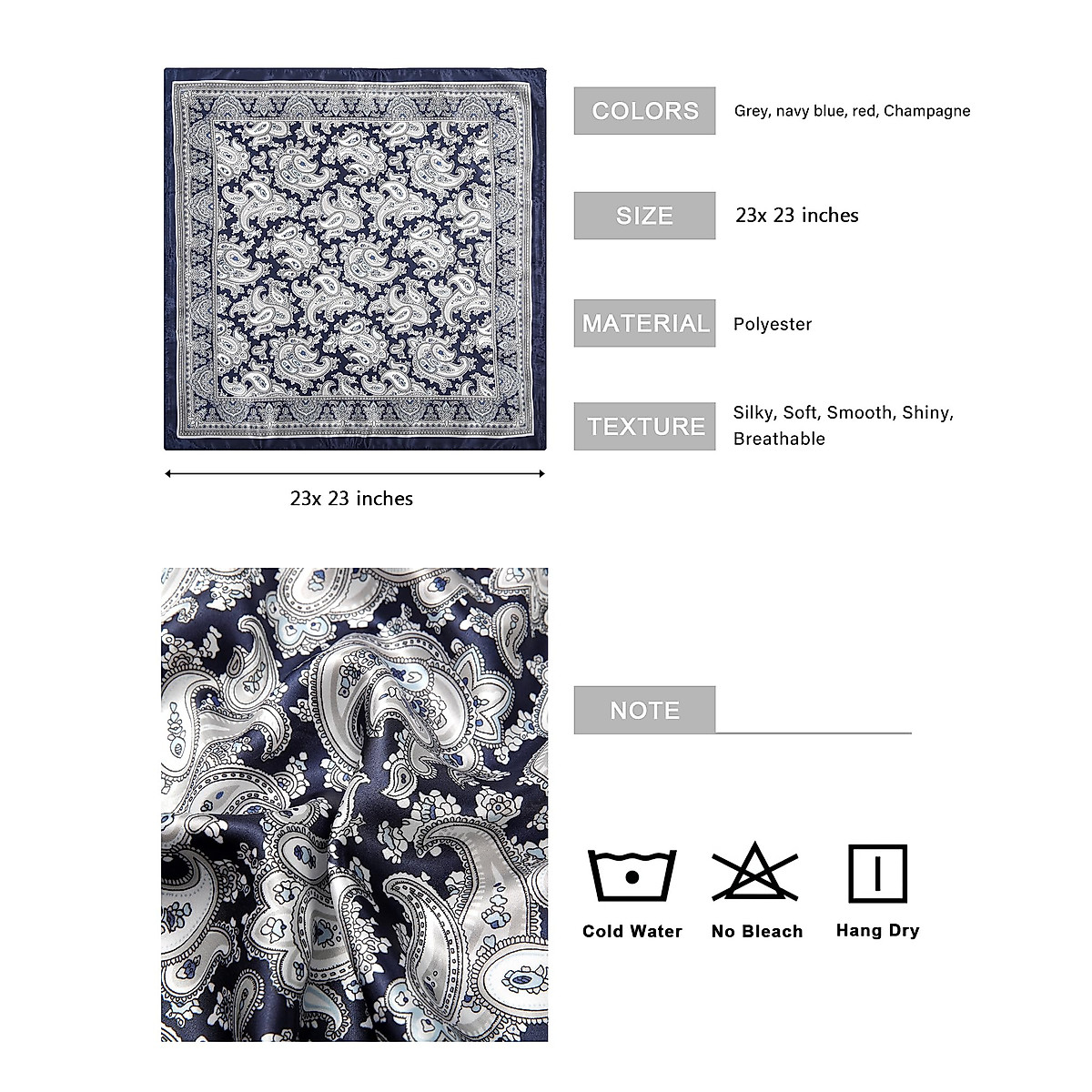 AWAYTR 23 Inches Satin Head Scarves for Women 4PCS Square Silk Like Hair Scarves Silk Hair Bandanas (Cashews (dark blue/red/light blue/khaki)