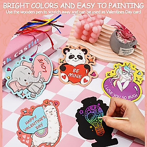 Whaline Valentine's Day Craft Scratch Paper Ornament Kit 48 Pack Cartoon Animal Art Rainbow Scratch Double-Sided Scratch Off Paper with Wooden Stylus Envelopes for Classroom Party Favor Decor