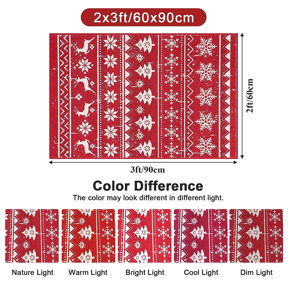 SHACOS Christmas Doormat 2x3ft Red Snowflakes Christmas Tree Deer Xmas Holiday Decor Non Slip Soft Machine Washable Christmas Decorative Rug Small Rug Indoor Front Door Mat for Entryway, Red Beige