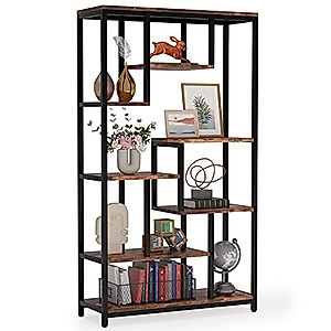 LITTLE TREE 70.8 Inches Tall Bookshelf, Industrial Bookcase for Home Office, Rustic Brown 8-Shelves Wood and Metal Frame Display Shelf Open Storage Organizer Shelves