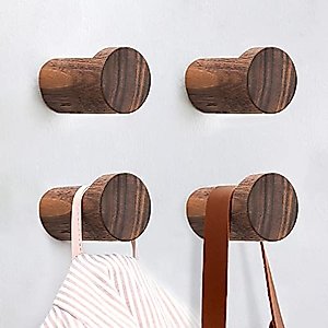 HEIOE Wood Wall Hooks - 4 Pack Natural Wooden Hooks Decorative - Rustic Coat Hook Wall Mounted - Minimalist Hat Rack - Handmade Wall Hooks for Hanging Coats (Black Walnut),Dark Brown