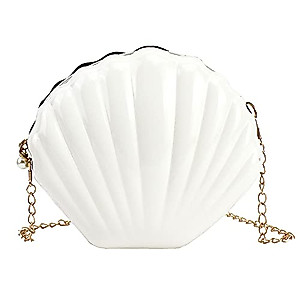 Felice Ann Women Mini Solid Color Seashell Cross-body Bag Chain Strap Shoulder Bag Evening Clutch Purse, Solid White
