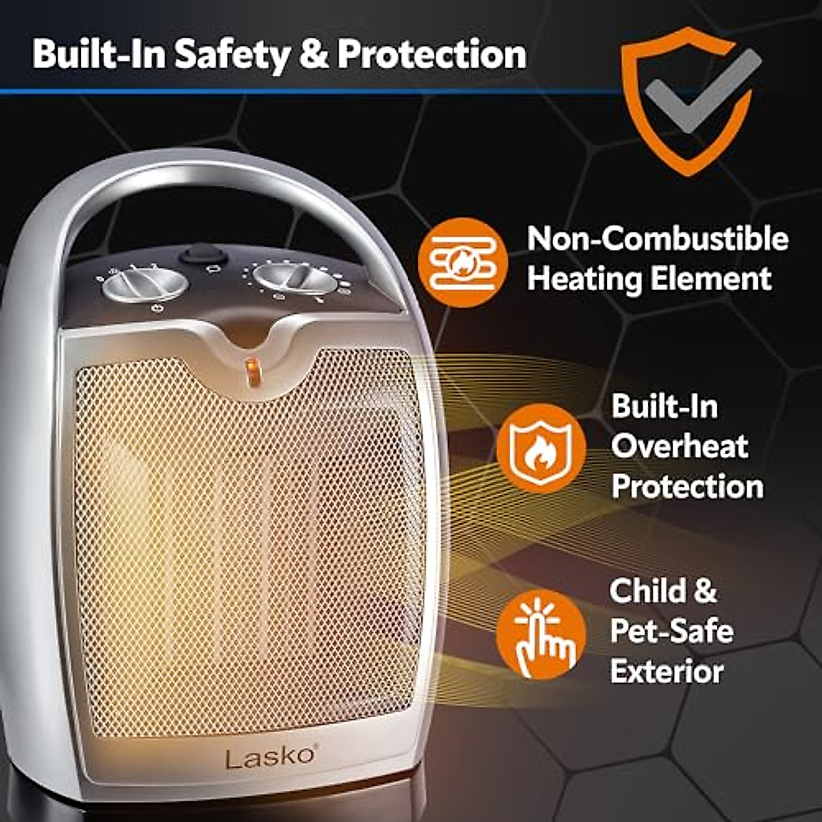 Lasko Oscillating Ceramic Tabletop Space Heater for Home with Adjustable Thermostat, Carrying Handle, 2 Speeds and Fan Only Mode, 11.6 Inches, Silver, 5409