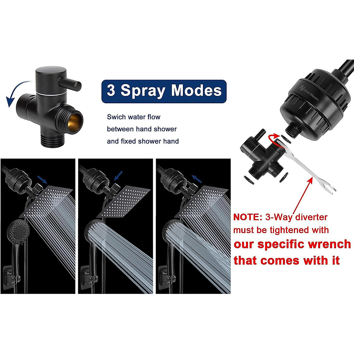NearMoon Filtered Rain Shower Head, High Pressure 8″Square, and 5 settings Handheld Shower Filter Combo with Self-adhesive Holder/1.5M Hose -1 Replaceable Filter Cartridge (Matte Black)