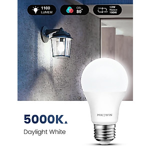 MikeWin Dusk to Dawn Light Bulbs Outdoor, Auto ON/Off Light Sensor LED Bulb 13W(100W Equivalent) Super Bright A19 E26 5000K Daylight Security Light Bulbs for Porch Garage Patio Front Door, 2 Pack