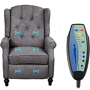 BINGTOO Recliner Chair with Massage and Heat 2 Chairs Set- Accent Chairs for Living Room- Tufted Fabric Push Back Recliner Chair, Footrest and Nailhead Trim, Wooden Legs, Wingback (Double, Gray)