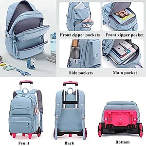 LANSHIYA Solid Color Girls Rolling Backpack with Wheels Schoolbag Elementary School Student Trolley Daypack