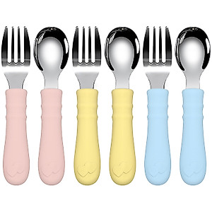 HAKSEN Toddler Utensils, Baby Forks and Spoons Set, 3 Forks and 3 Spoons, Perfect Length for Baby Spoons Self Feeding, Stainless Steel Cutlery with Silicone Handle