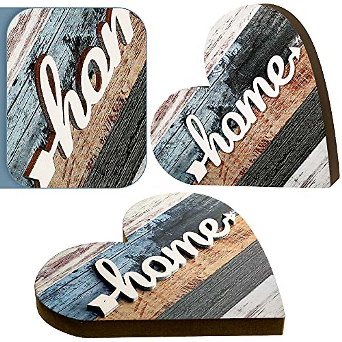 2 Pcs Rustic Wood Love Home Sign Heart Shaped Wooden Table Centerpiece Farmhouse Buffalo Plaid Family Sign for Home Living Room Kitchen dining room Table Decoration (Simple Style)