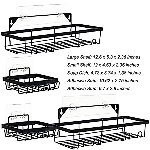RISETEX Adhesive Shower Caddy,Bathroom Shower Organizer and Soap Dishes with Hooks,No Drilling Traceless Rustproof Bathroom Storage Wall Shower Organizer for Bathroom Toilet Kitchen RVs (Black 4)