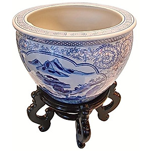 Oriental Furnishings Blue and White Porcelain Garden Pots Painted Landscape (12" W x 9" H/Inside Rim 9.25/Base 8.5)
