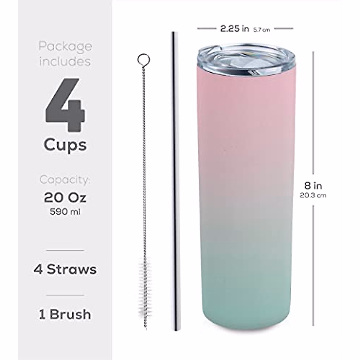 Insulated Skinny Stainless Steel Tumbler Set - 4-Pack 20oz Coffee Tumbler with Straw - Travel Coffee Mug With PBA Free Lids - Slim Vacuum Insulated Tumblers Keep Hot and Cold - Great for Home, Office.