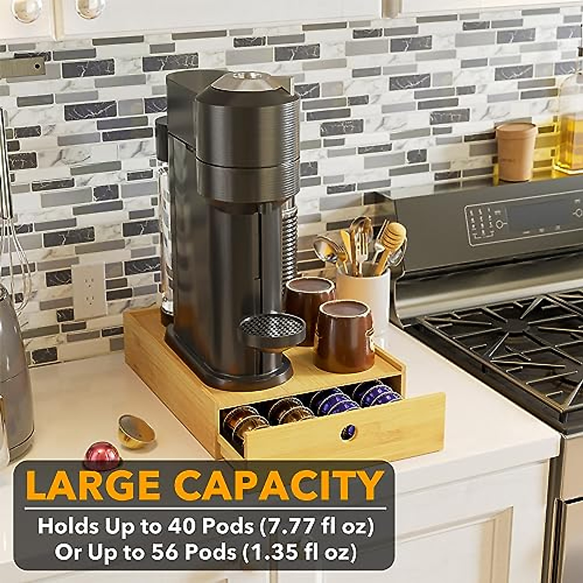 SpaceAid Bamboo Coffee Pod Holder Drawer Storage for Nespresso Vertuo Capsule, Pods Holder Organizer Tray for Nespresso Vertuo Holders, Compatible with 40 Big or 56 Small Vertuoline Pods (Natural)